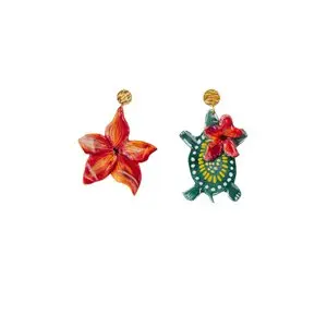 SUNSET MAGIC STUDIO Green / Orange Flora & Tiki Asymmetrical Tropical Earrings - Green/orange