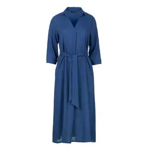 CONQUISTA Linen Style Midi Dress With Belt - Blue