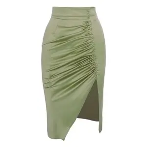 AVENUE N°29 Ruched Side Midi Skirt With Button Detail Kaki - Green