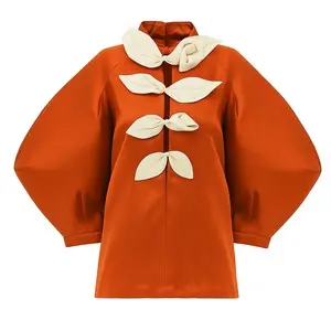 JULIA ALLERT Orange / Red Taffeta Deep V-neck Blouse With Satin Floral Detail – Terracotta - Orange/red