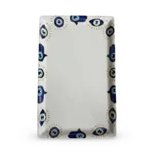 CASA DUNIYA Hand-painted Evil Eye Rectangular Karima Serving Platter - White