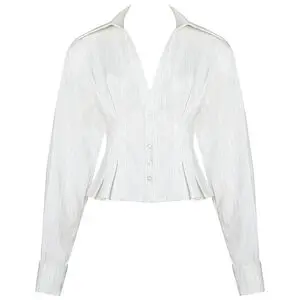 MISS CIRCLE NEW YORK Sylvia Pinstripe Deep V Pleated Shirt