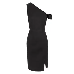 AVENUE N°29 Asymmetrical Neckline Bodycon Midi Dress - Black
