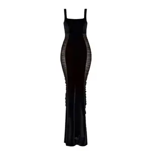 MODA GLAM Allure Velvet Square Neck Gown W/ Sheer Mesh Sides - Black