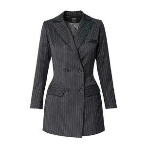 AVENUE N°29 Double Breasted Striped Wool Blazer - Black