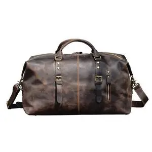 TOURI Zip Detail Genuine Leather Holdall Weekender Dark - Brown