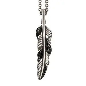 SNAKE BONES Feather Pendant With Black Diamonds - Silver