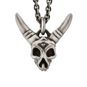 SNAKE BONES Horned Skull Pendant With Hinged Jaw - Silver