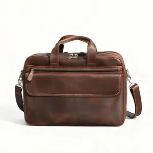 TOURI Genuine Leather Briefcase With Large Front Pockets Dark - Brown