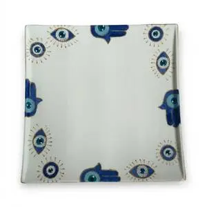CASA DUNIYA Hand-painted Evil Eye Square Karima Serving Platter - White