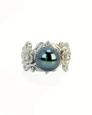 SMUCCII Verdara Tahitian Pearl And Zirconia Ring In 18k White Gold Plated Sterling
