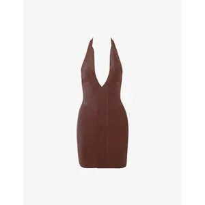 House Of Cb The Plunge Halter-neck Stretch-woven Mini Dress - Brown