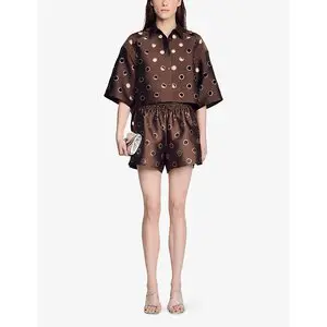 Sandro Rhinestone Embellished Cut-out Cropped Woven Shirt