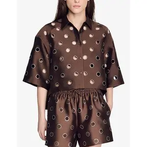 Sandro Rhinestone Embellished Cut-out Cropped Woven Shirt