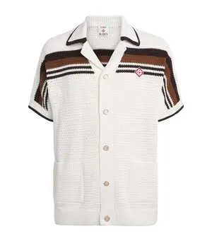 Casablanca Cotton Crochet Tennis Stripe Polo Shirt - White