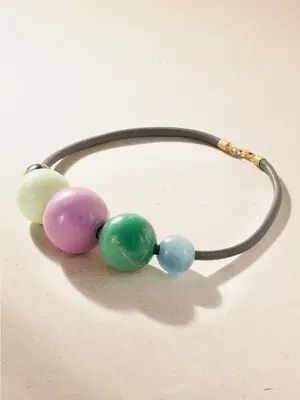 Marisa Klass 18-karat Gold, Emerald, Chrysoprase, Phosphosiderite, Aquamarine And Leather Necklace - Multi