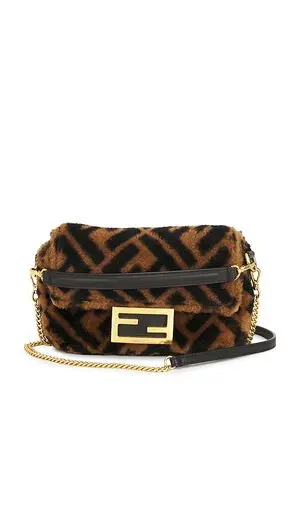 FWRD RENEW Fendi Shearling Vitello Dolce Macro Ff 1974 Mini Baguette Shoulder Bag - Brown