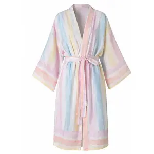 Loveist Store Pastel Stripe Linen-feel Kimono - Blue/pink/yellow