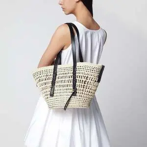 Loewe Medium Black Iraca Palm And Leather Braid Basket Bag