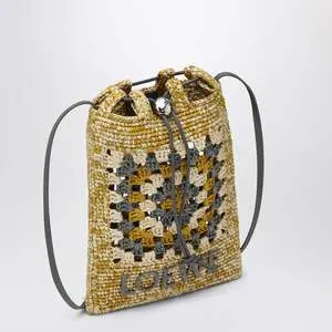 Loewe Pearl /mustard Raffia And Leather Drawstring Pouch
