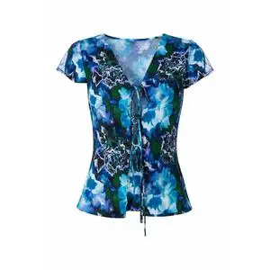 Carmen Says Lotus Flower Print & Lace Top - Blue