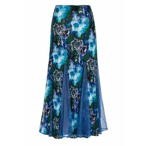 Carmen Says Lotus Flower Print & Lace Skirt - Blue