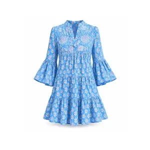 PICK HAPPY Babydoll Mini Dress Botanical Azure - Blue