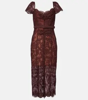 SELF-PORTRAIT Belted Floral Lace Midi Dress - Brown