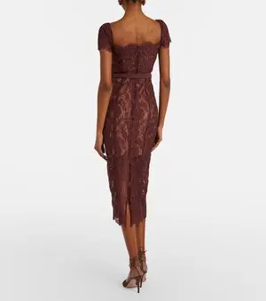SELF-PORTRAIT Belted Floral Lace Midi Dress - Brown