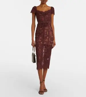 SELF-PORTRAIT Belted Floral Lace Midi Dress - Brown