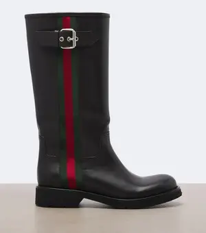 Gucci Web Stripe Leather Biker Boots