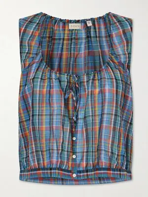 DÔEN Theo Gathered Checked Organic Cotton-voile Top - Blue