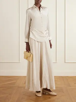 ABADIA Draped Crinkled-satin Midi Shirt Dress