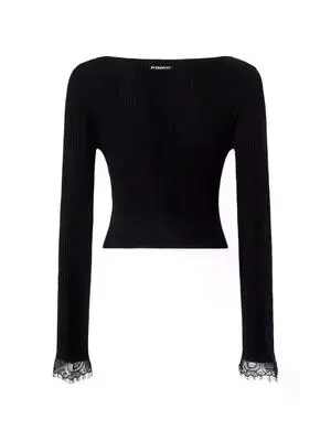 Pinko Cropped Cardigan In Silk And Cashmere Blend With Lace - Black