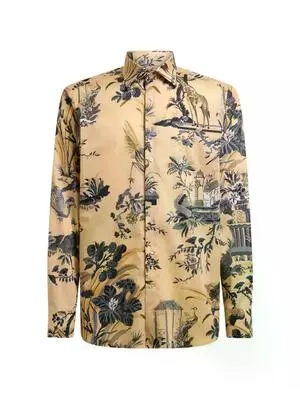 Etro Shirt In Cotton Satin With Flower And Animal-motif - Neutrals