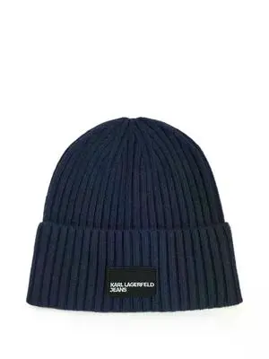 Karl Lagerfeld Ribbed Knit Logo Patch Beanie - Blue