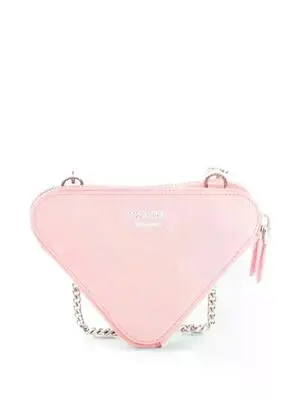 Prada Triangle Double Zip Pouch Bag With Chain Saffiano Leather Mini Crossbody Bag - Pink