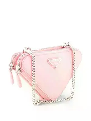 Prada Triangle Double Zip Pouch Bag With Chain Saffiano Leather Mini Crossbody Bag - Pink
