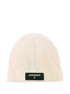 Patrizia Pepe Ribbed-knit Logo-patch Beanie Hat - Neutrals