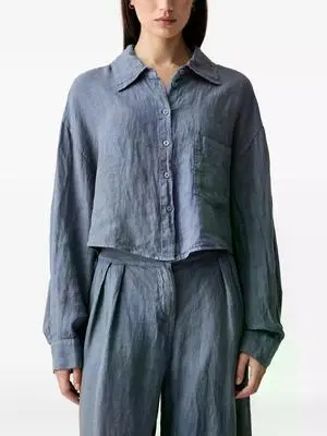 VICOLO Cropped Button-down Linen Shirt - Blue