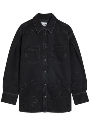 GANNI Floral-embroidered Washed Denim Shirt - Black