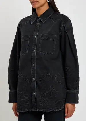 GANNI Floral Embroidered Washed Denim Shirt