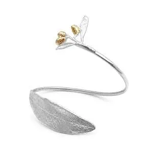 MOTHER NATURE JEWELRY Handmade Sterling & 14k Gold Plated Olive Leaf Statement Cuff Bracelet - Silver