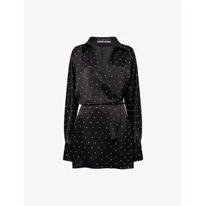 David Koma Star-embellished Wrap-front Satin Mini Shirt Dress - Black/silver