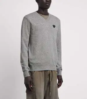Play Comme Des Garcon Wool V-neck Rhinestone Heart Sweater - Grey
