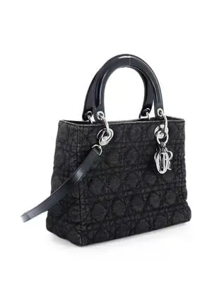 Dior Vintage Lady Bag Cannage Quilt Denim Medium Tote Bag - Black