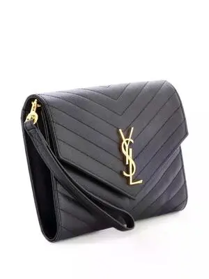 Saint Laurent Classic Monogram Envelope Wristlet Mixed Matelasse Leather Clutch Bag - Black
