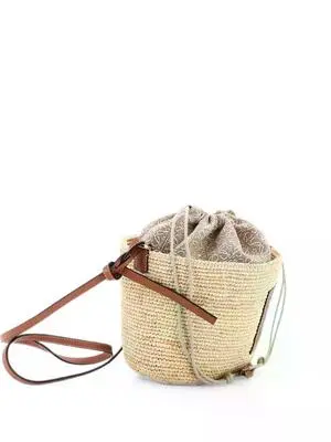 Loewe Pochette Crossbody Bag Woven Raffia And Leather With Anagram Jacquard Bucket Bag - Brown