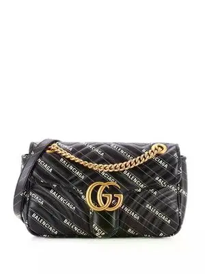 Gucci X Balenciaga The Hacker Project Gg Marmont Flap Bag Printed Matelasse Leather Small Shoulder Bag - Black