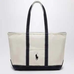 Polo Ralph Lauren Big Pony Logo Tote Bag In Cream And Navy Cotton - Beige